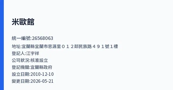 米歐館的照片-統編 26568063(宜蘭縣) 公司登記資料與營業項目詳細圖表