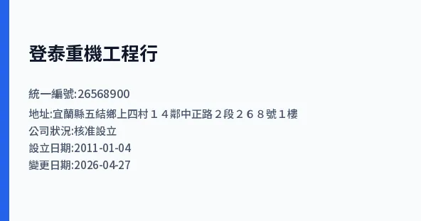 登泰重機工程行的照片-統編 26568900(宜蘭縣) 公司登記資料與營業項目詳細圖表