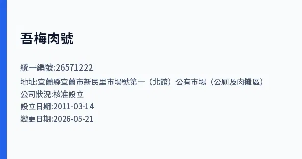 吾梅肉號的照片-統編 26571222(宜蘭縣) 公司登記資料與營業項目詳細圖表