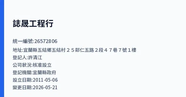 誌晟工程行的照片-統編 26572806(宜蘭縣) 公司登記資料與營業項目詳細圖表
