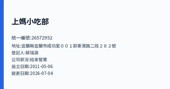 上媽小吃部的照片-統編 26572952(宜蘭縣) 公司登記資料與營業項目詳細圖表