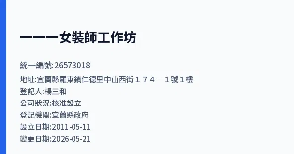 一一一女裝師工作坊的照片-統編 26573018(宜蘭縣) 公司登記資料與營業項目詳細圖表