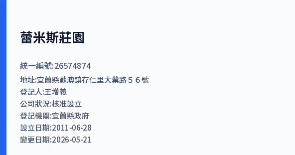蕾米斯莊園的照片-統編 26574874(宜蘭縣) 公司登記資料與營業項目詳細圖表