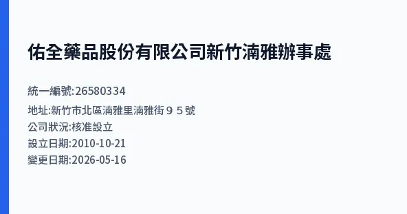 佑全藥品股份有限公司新竹湳雅辦事處的照片-統編 26580334(新竹市) 公司登記資料與營業項目詳細圖表