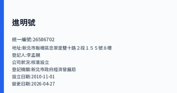 進明號的照片-統編 26586702(新北市) 公司登記資料與營業項目詳細圖表