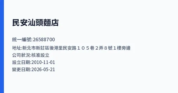 民安汕頭麵店的照片-統編 26588700(新北市) 公司登記資料與營業項目詳細圖表