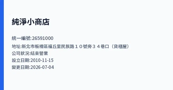 純淨小商店的照片-統編 26591000(新北市) 公司登記資料與營業項目詳細圖表