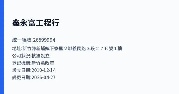 鑫永富工程行的照片-統編 26599994(新竹縣) 公司登記資料與營業項目詳細圖表