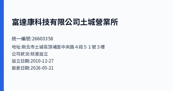 富達康科技有限公司土城營業所的照片-統編 26603358(新北市) 公司登記資料與營業項目詳細圖表