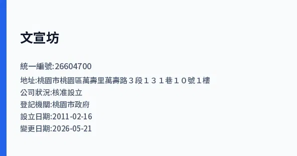 文宣坊的照片-統編 26604700(桃園市) 公司登記資料與營業項目詳細圖表