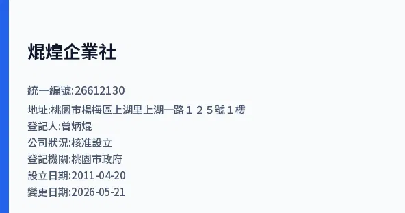 焜煌企業社的照片-統編 26612130(桃園市) 公司登記資料與營業項目詳細圖表