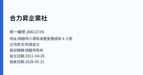 合力昇企業社的照片-統編 26612336(桃園市) 公司登記資料與營業項目詳細圖表
