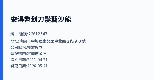 安淂魯划刀髮藝沙龍的照片-統編 26612547(桃園市) 公司登記資料與營業項目詳細圖表