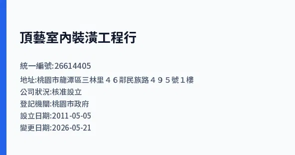 頂藝室內裝潢工程行的照片-統編 26614405(桃園市) 公司登記資料與營業項目詳細圖表