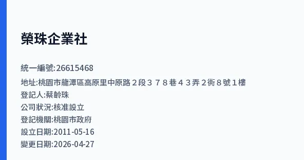 榮珠企業社的照片-統編 26615468(桃園市) 公司登記資料與營業項目詳細圖表