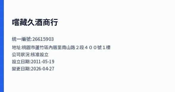 嚐藏久酒商行的照片-統編 26615903(桃園市) 公司登記資料與營業項目詳細圖表