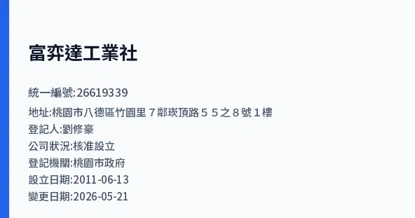 富弈達工業社的照片-統編 26619339(桃園市) 公司登記資料與營業項目詳細圖表