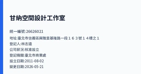 甘納空間設計工作室的照片-統編 26626021(臺北市) 公司登記資料與營業項目詳細圖表