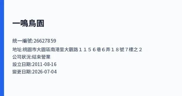 一鳴鳥園的照片-統編 26627859(桃園市) 公司登記資料與營業項目詳細圖表