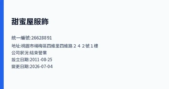 甜蜜屋服飾的照片-統編 26628891(桃園市) 公司登記資料與營業項目詳細圖表