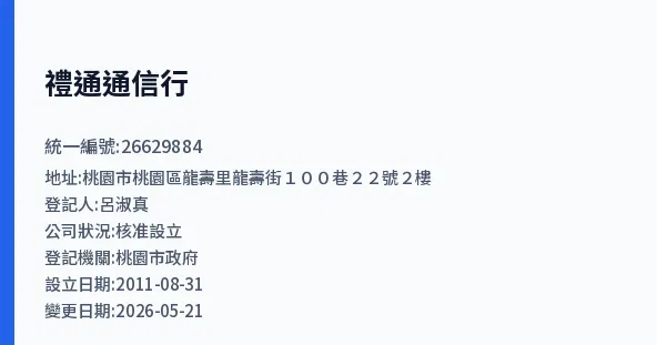 禮通通信行的照片-統編 26629884(桃園市) 公司登記資料與營業項目詳細圖表