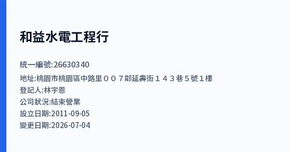和益水電工程行的照片-統編 26630340(桃園市) 公司登記資料與營業項目詳細圖表