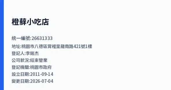 橙蘚小吃店的照片-統編 26631333(桃園市) 公司登記資料與營業項目詳細圖表