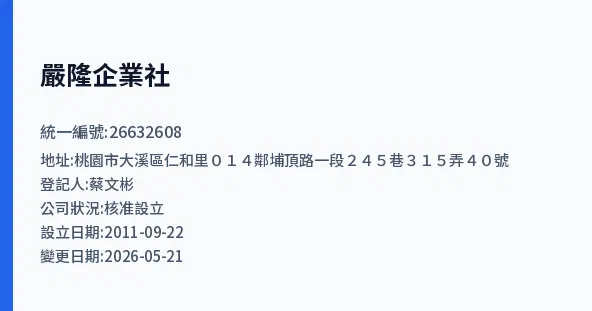 嚴隆企業社的照片-統編 26632608(桃園市) 公司登記資料與營業項目詳細圖表