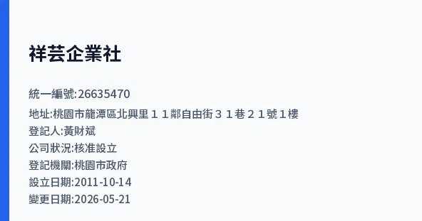 祥芸企業社的照片-統編 26635470(桃園市) 公司登記資料與營業項目詳細圖表
