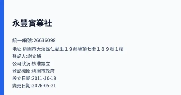 永豐實業社的照片-統編 26636098(桃園市) 公司登記資料與營業項目詳細圖表