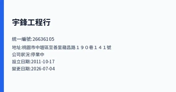 宇鋒工程行的照片-統編 26636105(桃園市) 公司登記資料與營業項目詳細圖表