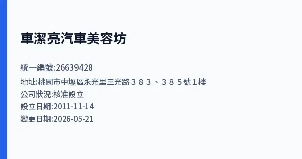 車潔亮汽車美容坊的照片-統編 26639428(桃園市) 公司登記資料與營業項目詳細圖表