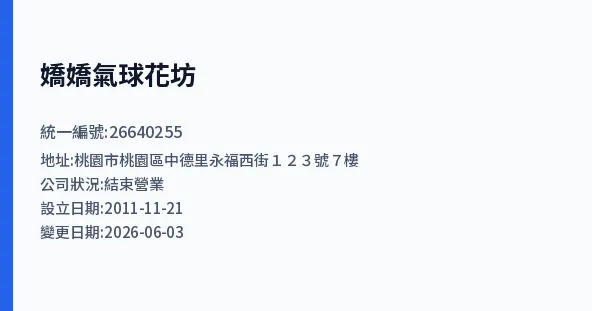 嬌嬌氣球花坊的照片-統編 26640255(桃園市) 公司登記資料與營業項目詳細圖表