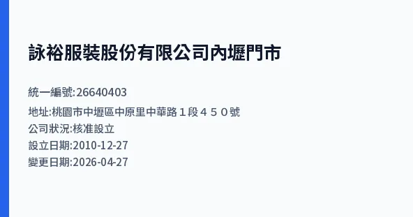 詠裕服裝股份有限公司內壢門市的照片-統編 26640403(桃園市) 公司登記資料與營業項目詳細圖表