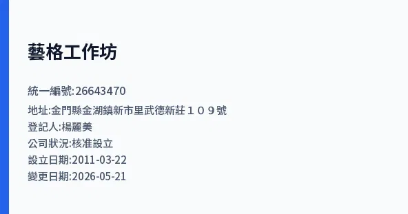藝格工作坊的照片-統編 26643470(金門縣) 公司登記資料與營業項目詳細圖表