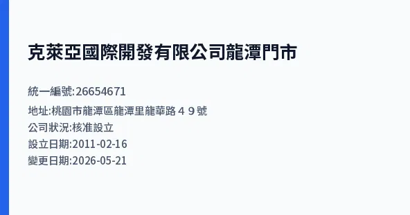 克萊亞國際開發有限公司龍潭門市的照片-統編 26654671(桃園市) 公司登記資料與營業項目詳細圖表