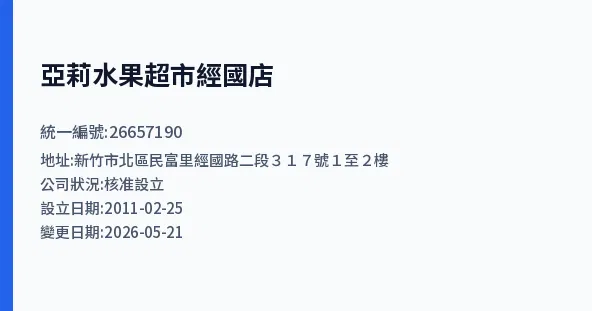 亞莉水果超市經國店的照片-統編 26657190(新竹市) 公司登記資料與營業項目詳細圖表