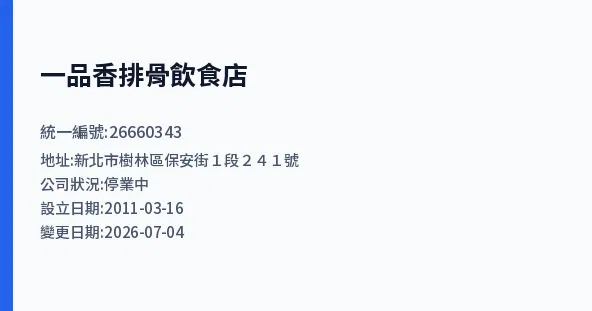 一品香排骨飲食店的照片-統編 26660343(新北市) 公司登記資料與營業項目詳細圖表