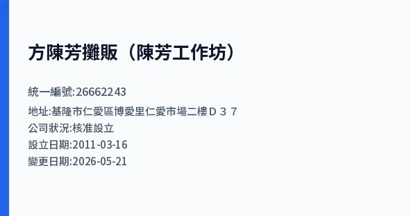 方陳芳攤販(陳芳工作坊)的照片-統編 26662243(基隆市) 公司登記資料與營業項目詳細圖表