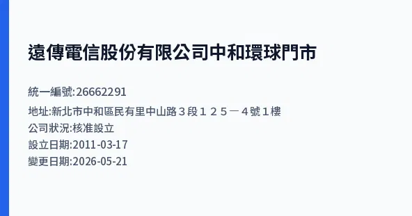 遠傳電信股份有限公司中和環球門市的照片-統編 26662291(新北市) 公司登記資料與營業項目詳細圖表