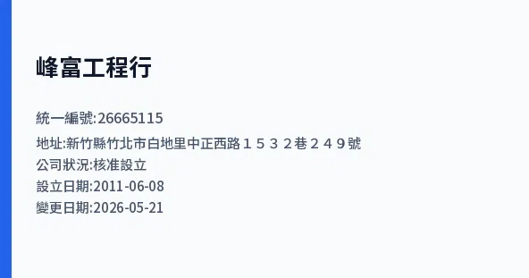 峰富工程行的照片-統編 26665115(新竹縣) 公司登記資料與營業項目詳細圖表