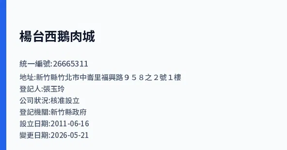 楊台西鵝肉城的照片-統編 26665311(新竹縣) 公司登記資料與營業項目詳細圖表