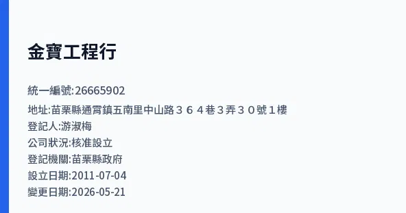 金寶工程行的照片-統編 26665902(苗栗縣) 公司登記資料與營業項目詳細圖表