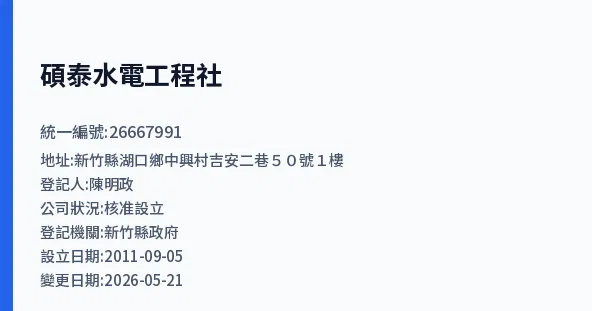 碩泰水電工程社的照片-統編 26667991(新竹縣) 公司登記資料與營業項目詳細圖表