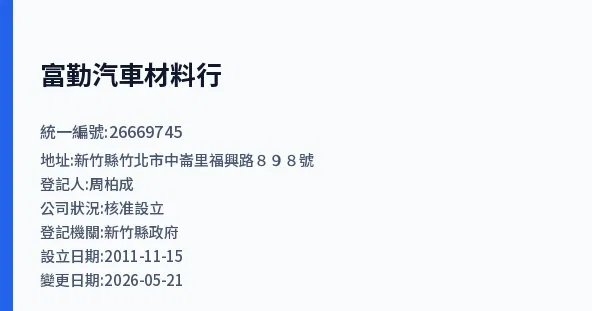 富勤汽車材料行的照片-統編 26669745(新竹縣) 公司登記資料與營業項目詳細圖表