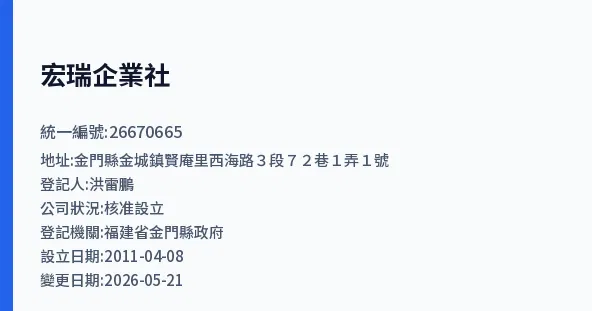 宏瑞企業社的照片-統編 26670665(金門縣) 公司登記資料與營業項目詳細圖表