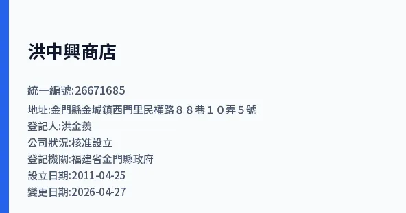 洪中興商店的照片-統編 26671685(金門縣) 公司登記資料與營業項目詳細圖表