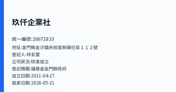 玖仟企業社的照片-統編 26671833(金門縣) 公司登記資料與營業項目詳細圖表