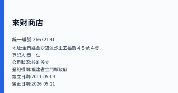 來財商店的照片-統編 26672191(金門縣) 公司登記資料與營業項目詳細圖表