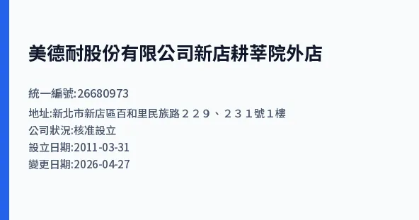 美德耐股份有限公司新店耕莘院外店的照片-統編 26680973(新北市) 公司登記資料與營業項目詳細圖表